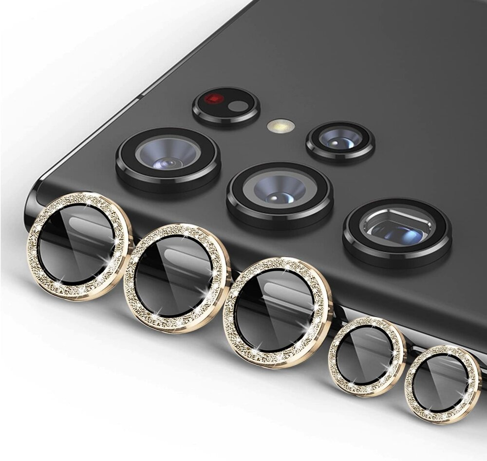 2x Szkło na aparat złoty brokat do Samsung Galaxy S24 Ultra, ERBORD Camera Lens, Bling frame ...