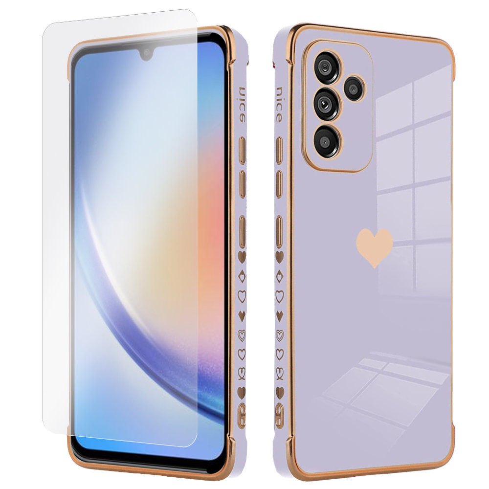 Zestaw Etui do Samsung Galaxy A34 5G, Electro heart, Fioletowe + szkło ...